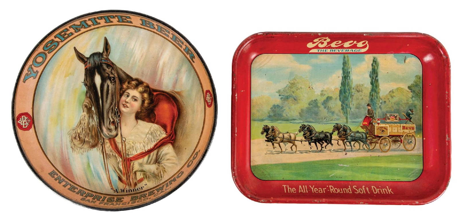 Pair Of Bevo & Yosemite Beer Lithographed Tin Serving Trays Auction