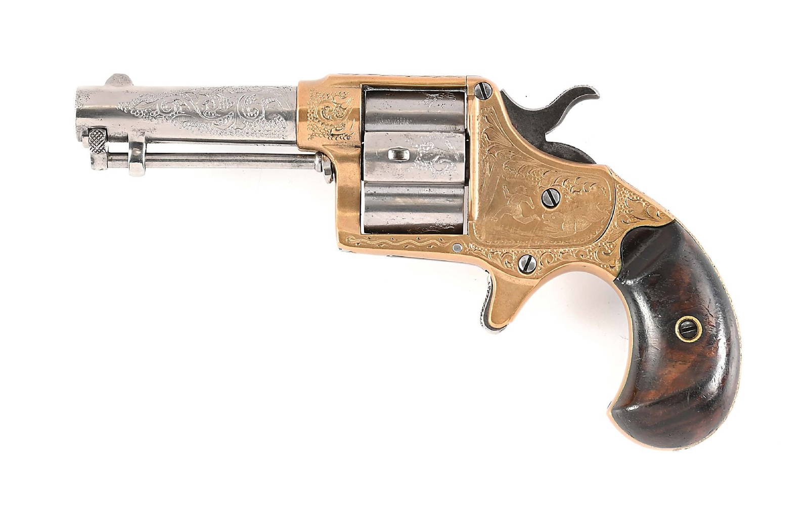 (a) Engraved Colt Single Action Cloverleaf House Revolver. Auction