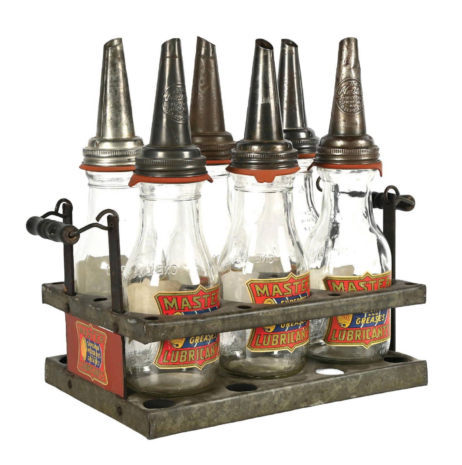 Master Lubricants Glass Oil Bottle Rack W/ Bottles Auction