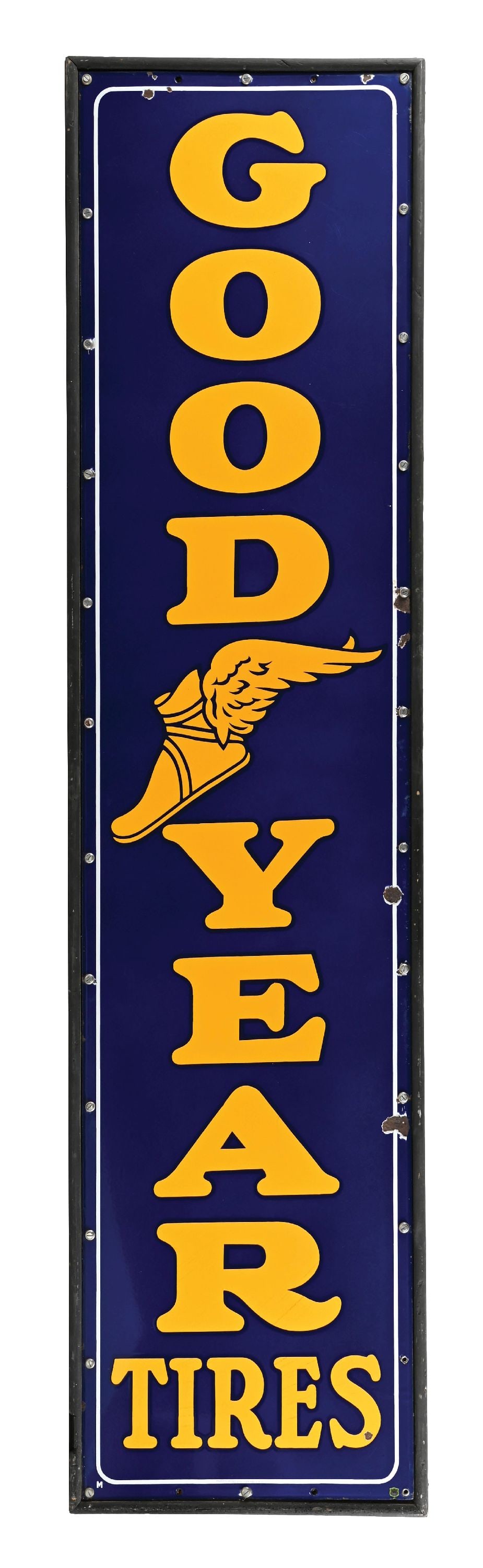 Goodyear Tires Porcelain Sign With Original Wood Frame Ags 90. Auction