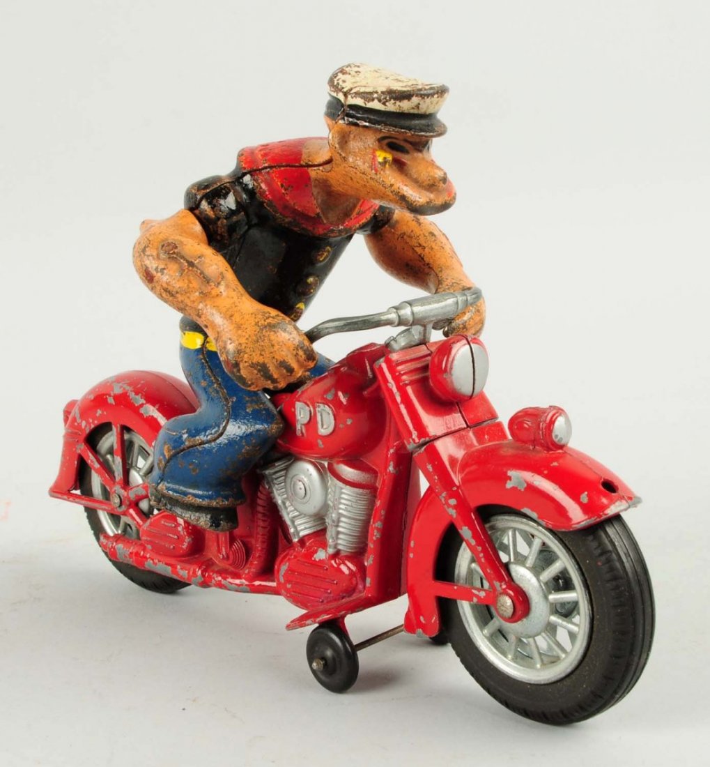 Cast Iron & Die Cast Popeye Motorcycle Toy.