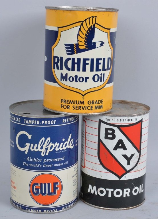 Lot Of 3: One Quart Motor Oil Round Metal Cans.