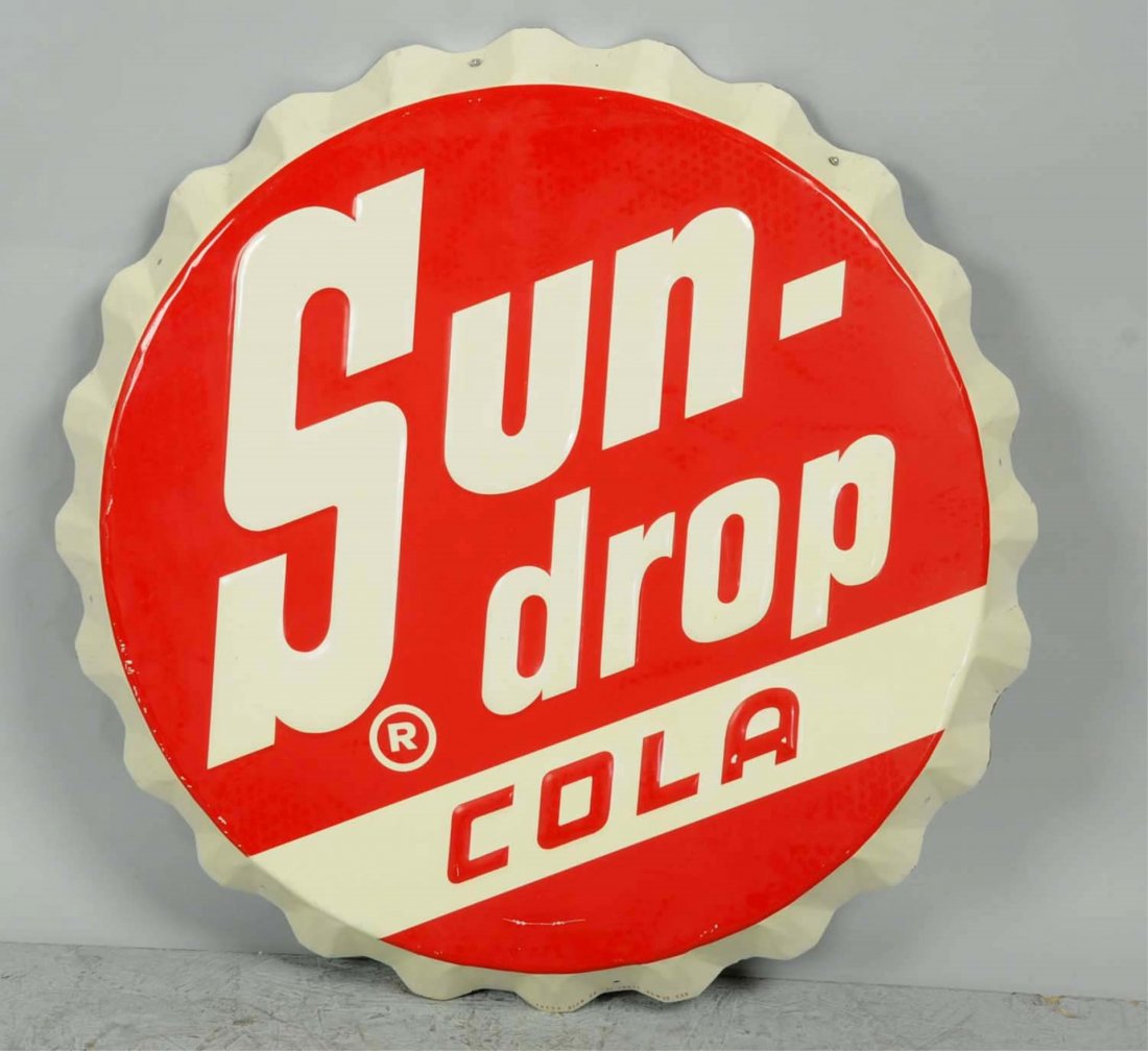 1950s Sundrop Cola Tin Embossed Bottle Cap Sign.