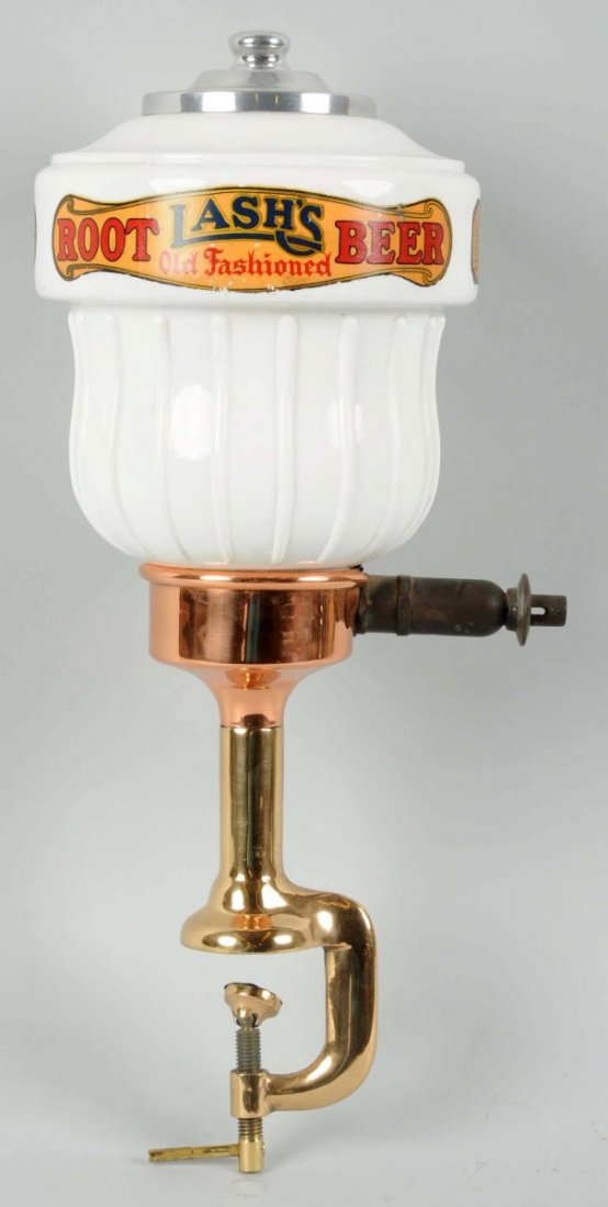 Lash's Root Beer Milk Glass Syrup Dispenser.