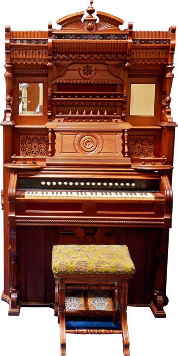 Early Ornate Wood Parlor Pump Organ w/Bench.