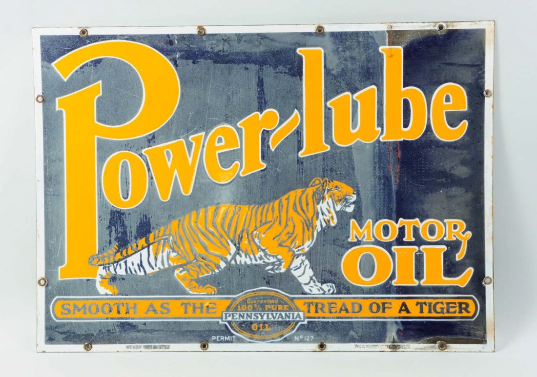 Double-Sided Porcelain Power-Lube Motor Oil Sign.