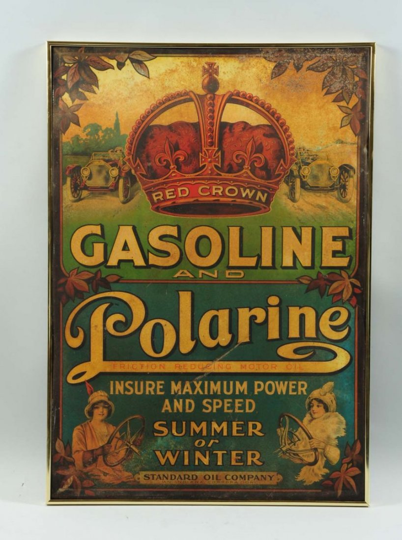 Tin Red Crown Gasoline Polarine Motor Oil Sign.