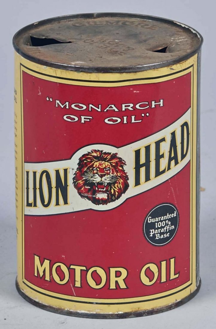Gilmore Oil Co. Lion Head Motor Oil Tin Can.