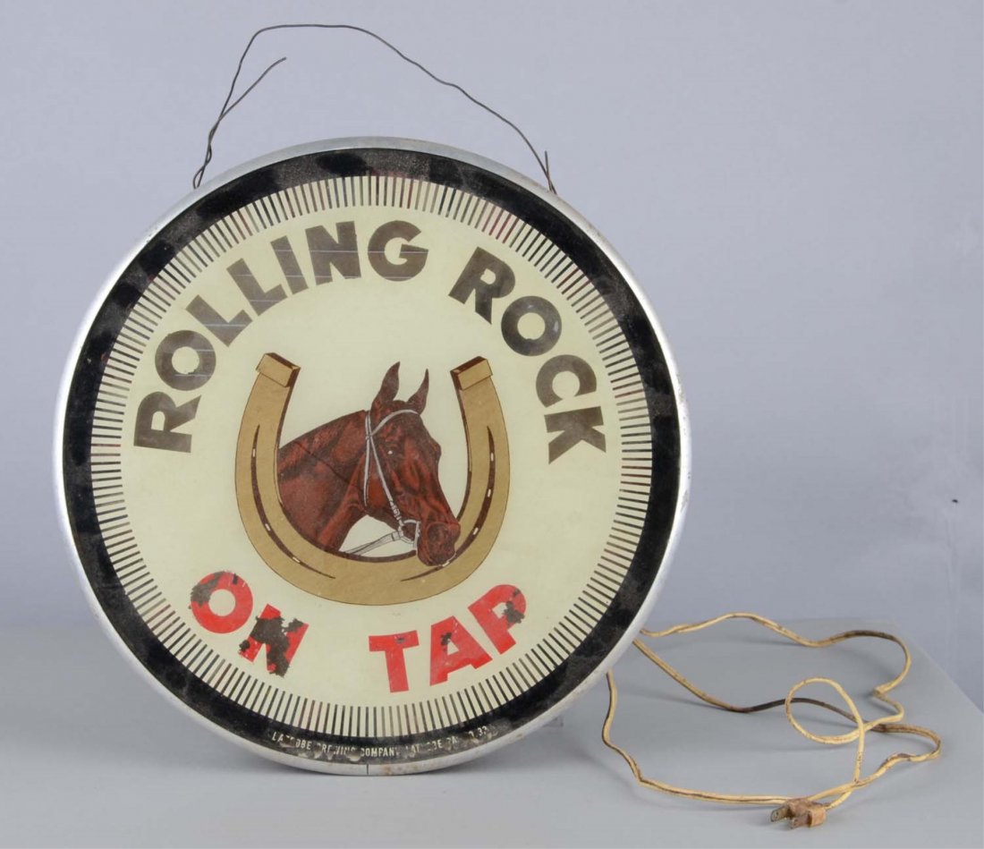 Round Rolling Rock Hanging Advertisement Sign