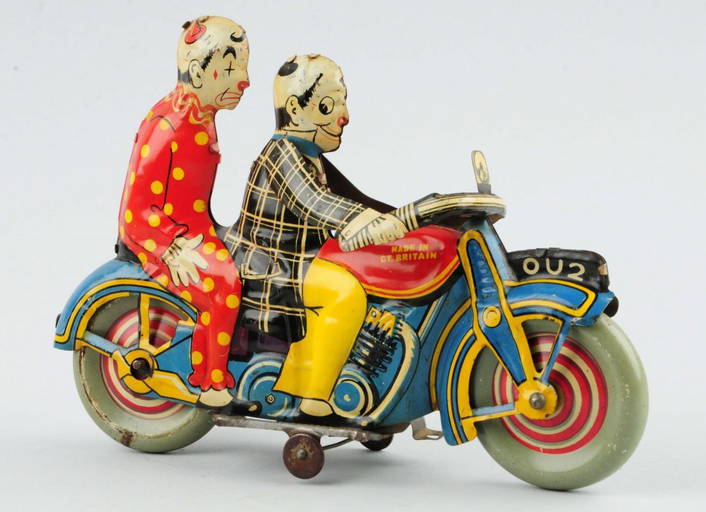 Scarce English Tin Litho 2 Clowns Motorcycle.