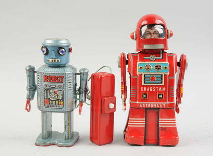 Lot Of 2: Japanese Tin Litho Crank Friction Robot & Astronaut Toys.