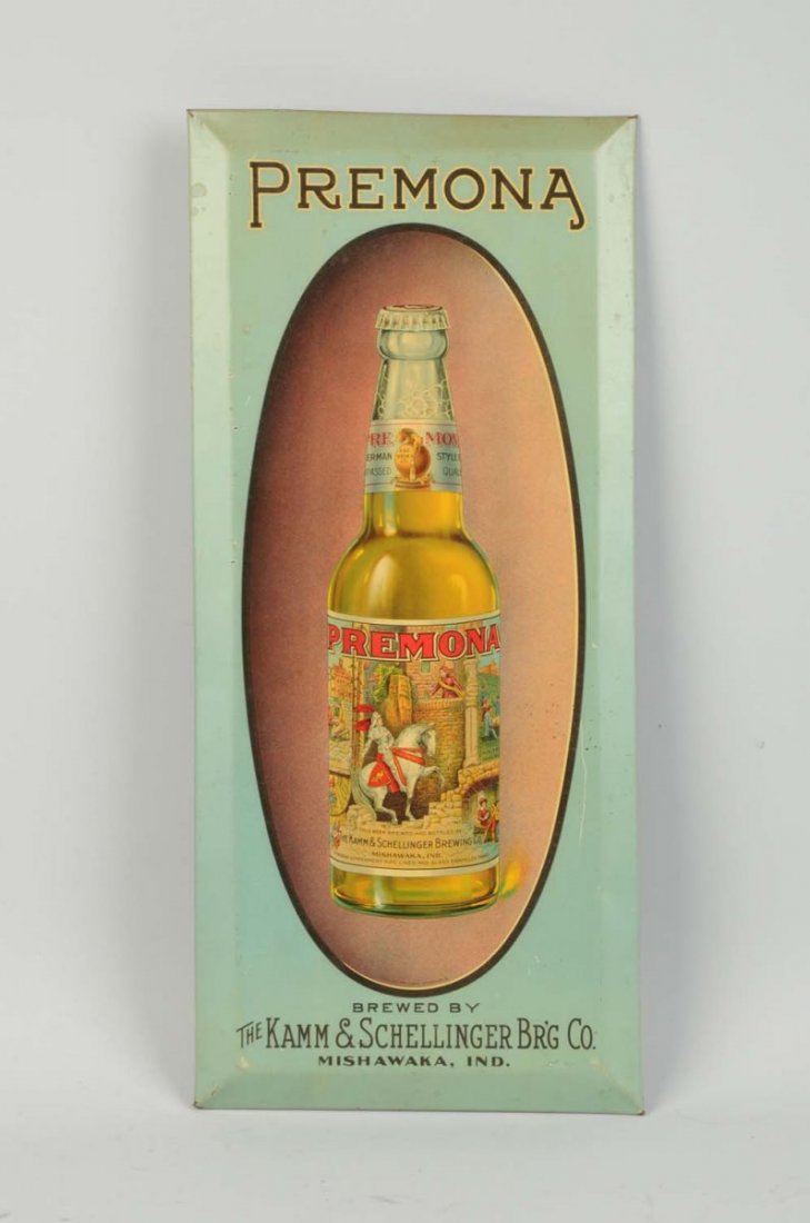 Premona Beer Tin over Cardboard Advertising Sign.