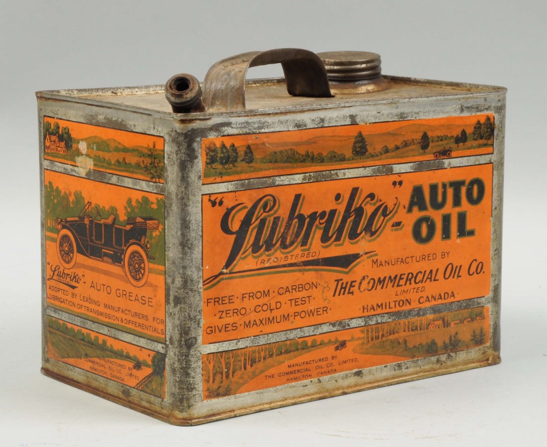 Lubriko Auto Oil One Gallon Squatty Metal Can.