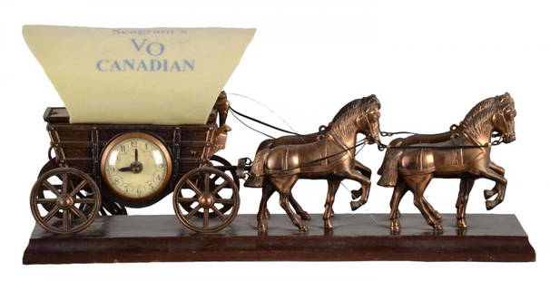 Vintage Lighted Covered Wagon Clock With Four Horses