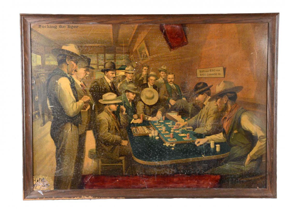 Bucking the Tiger Faro Gambling Litho In Frame