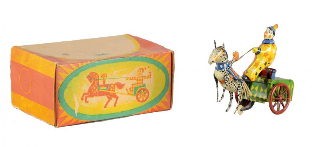 Russian Tin Litho Clown Cart Windup Toy