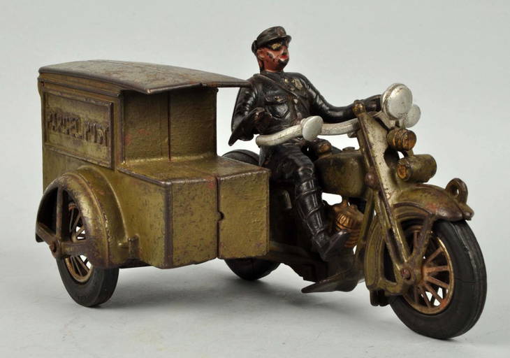 Cast Iron Us Parcel Post Motorcycle W/ Driver.