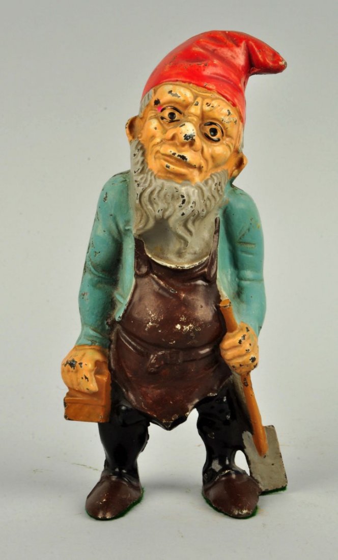 Cast Iron Gnome w/ Shovel & Lunch Pail Doorstop.