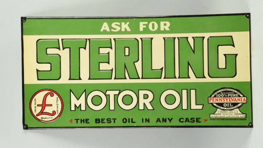 Embossed Tin Sterling Motor Oil Advertising Sign.