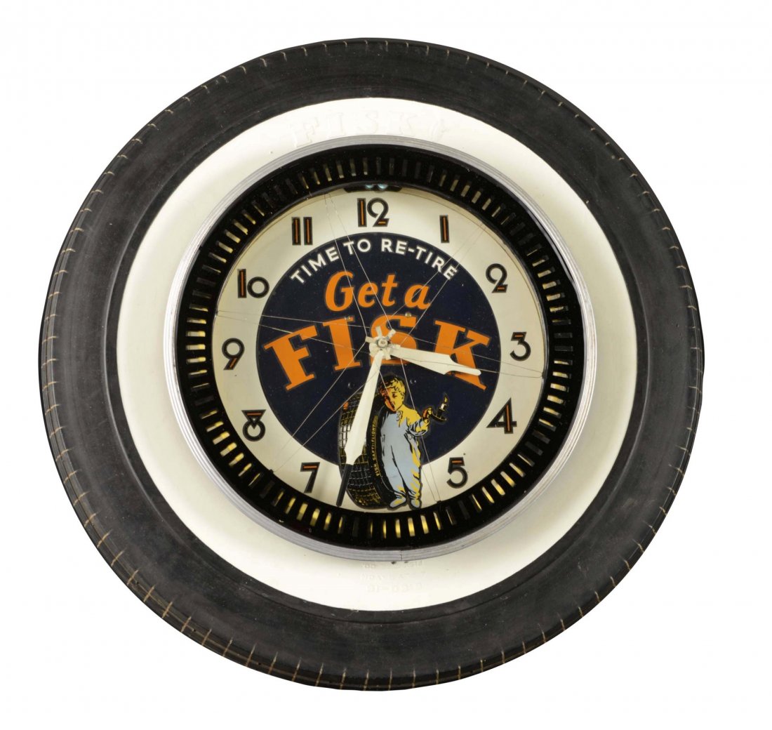 1930’s Rare “get A Fisk” Tire Neon Spinner Clock.