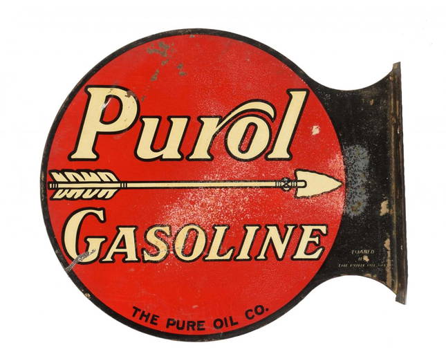 Purol Gasoline w/ Arrow Tin Diecut Flange Sign. - Jul 23, 2016 | Dan ...
