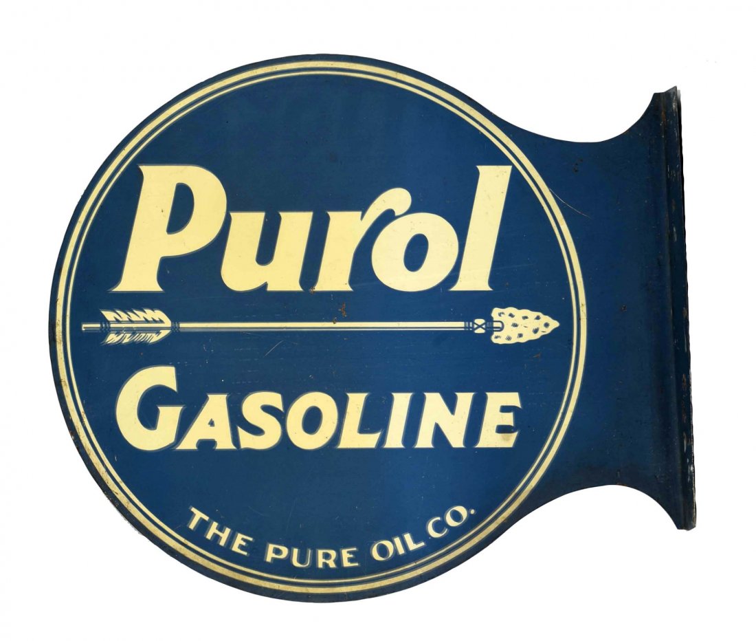 Purol Gasoline with Arrow Logo Tin Flange Sign.