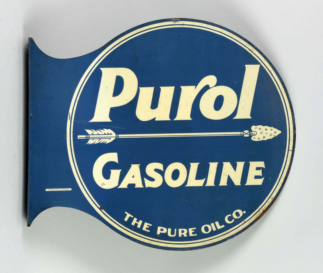 Purol Gasoline with Arrow Logo Tin Flange Sign.