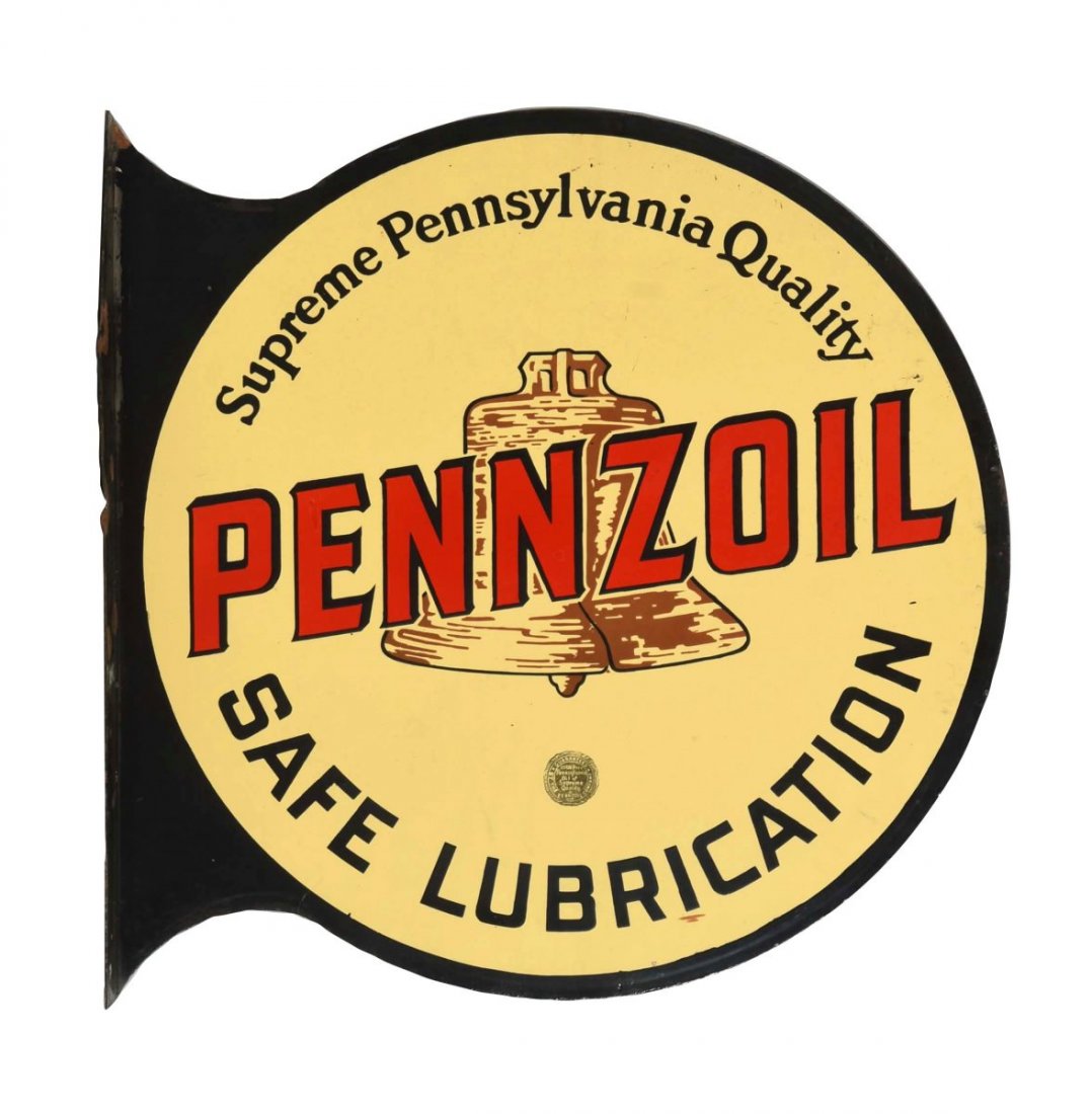 Pennzoil With Brown Bell Porcelain Flange Sign.
