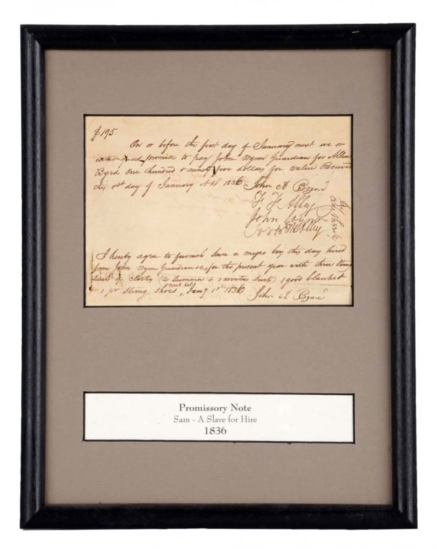 1836 Promissory Note Slave Document.
