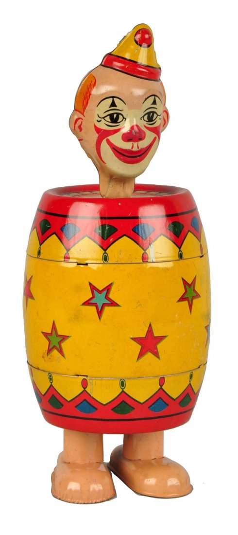 Chein Tin Litho Wind-Up Clown in Barrel Toy.