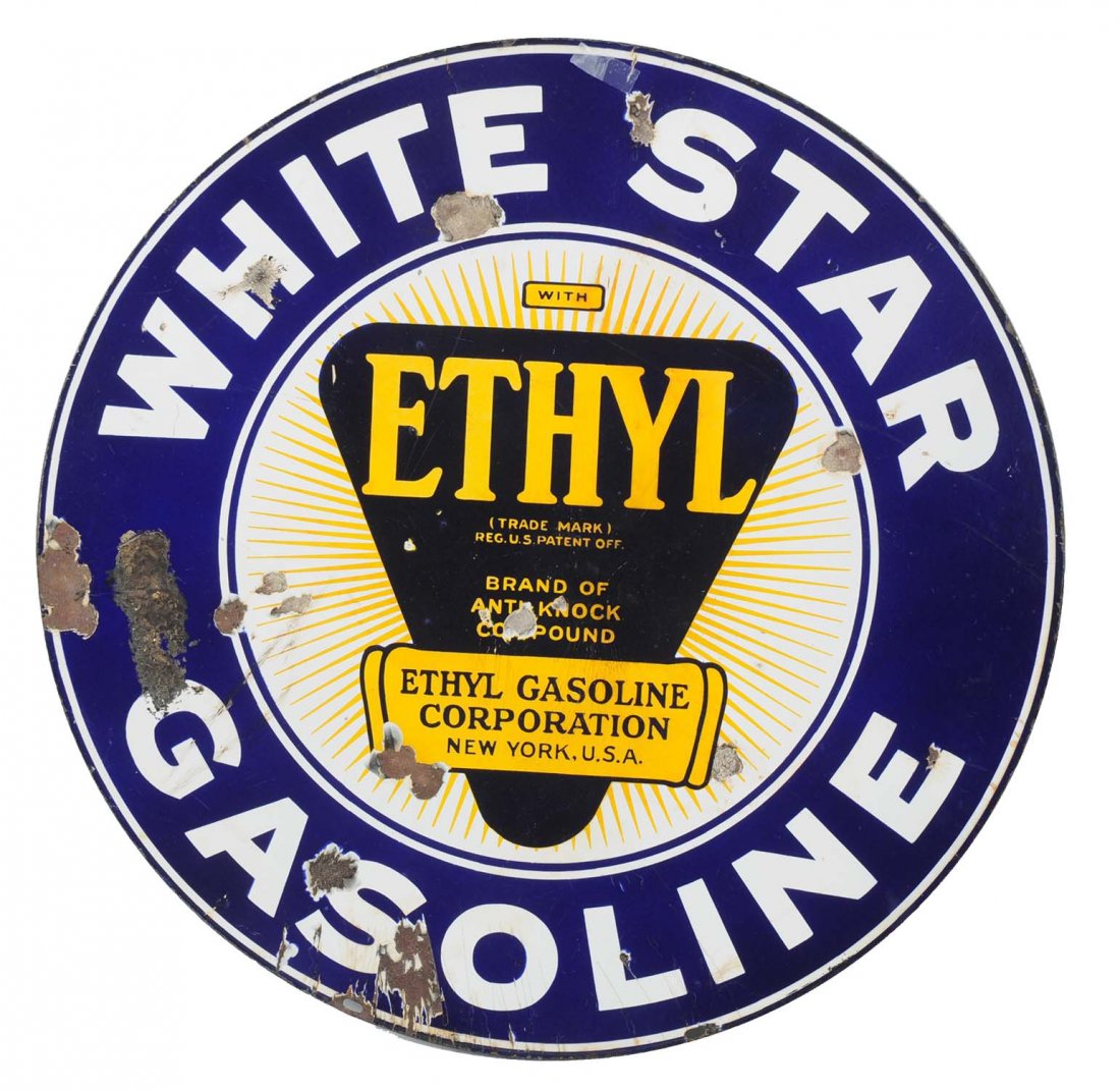 White Star Gasoline W/ Ethyl Logo Porcelain Sign.
