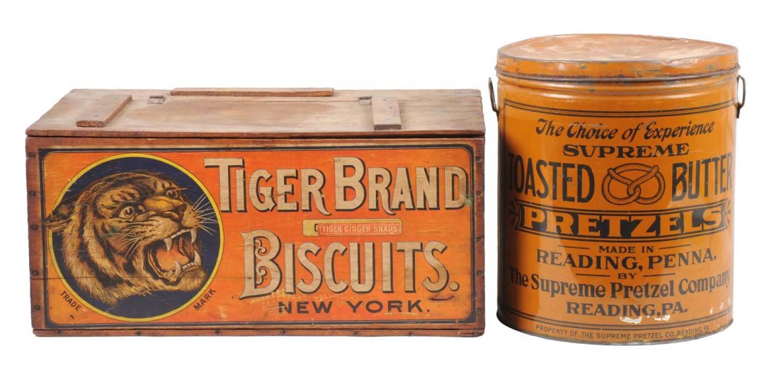 Lot Of 2: Tiger Brand Biscuit Crate & Pretzel Tin.