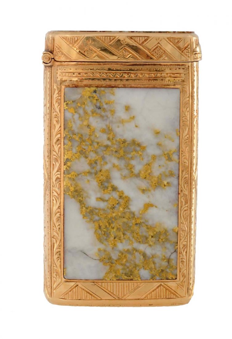 Solid Gold & Gold Quartz Inlaid Match Safe.