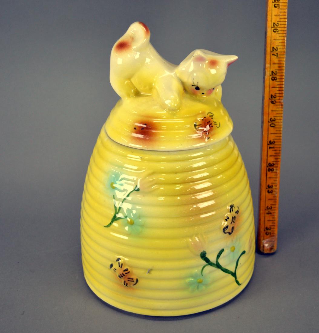Pottery Cat On Beehive Cookie Jar