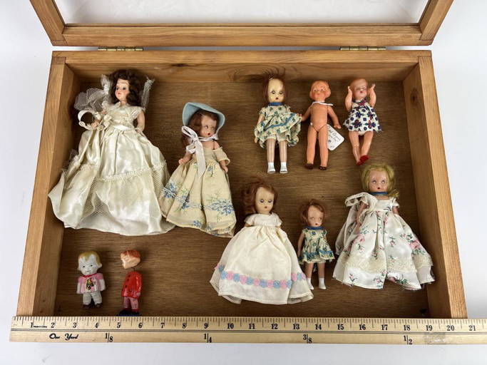 (10) Small Vintage Dolls Including Story Book & Display Case (#0837) on ...