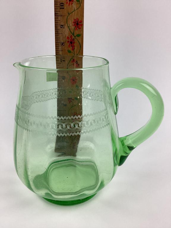 Uranium Green Depression Etched Glass Pitcher Auction