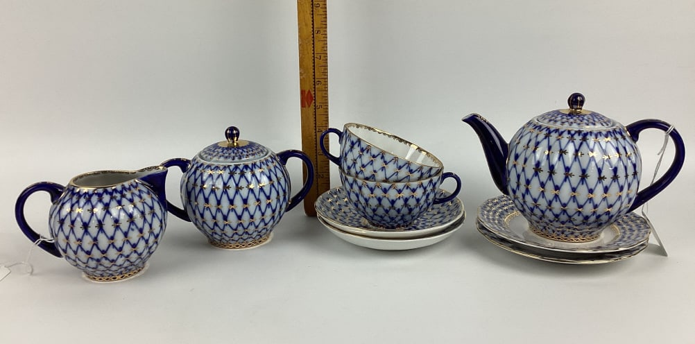 Lomonosov Antique Russian Tea Set Cobalt Blue Net Pattern Porcelain ...