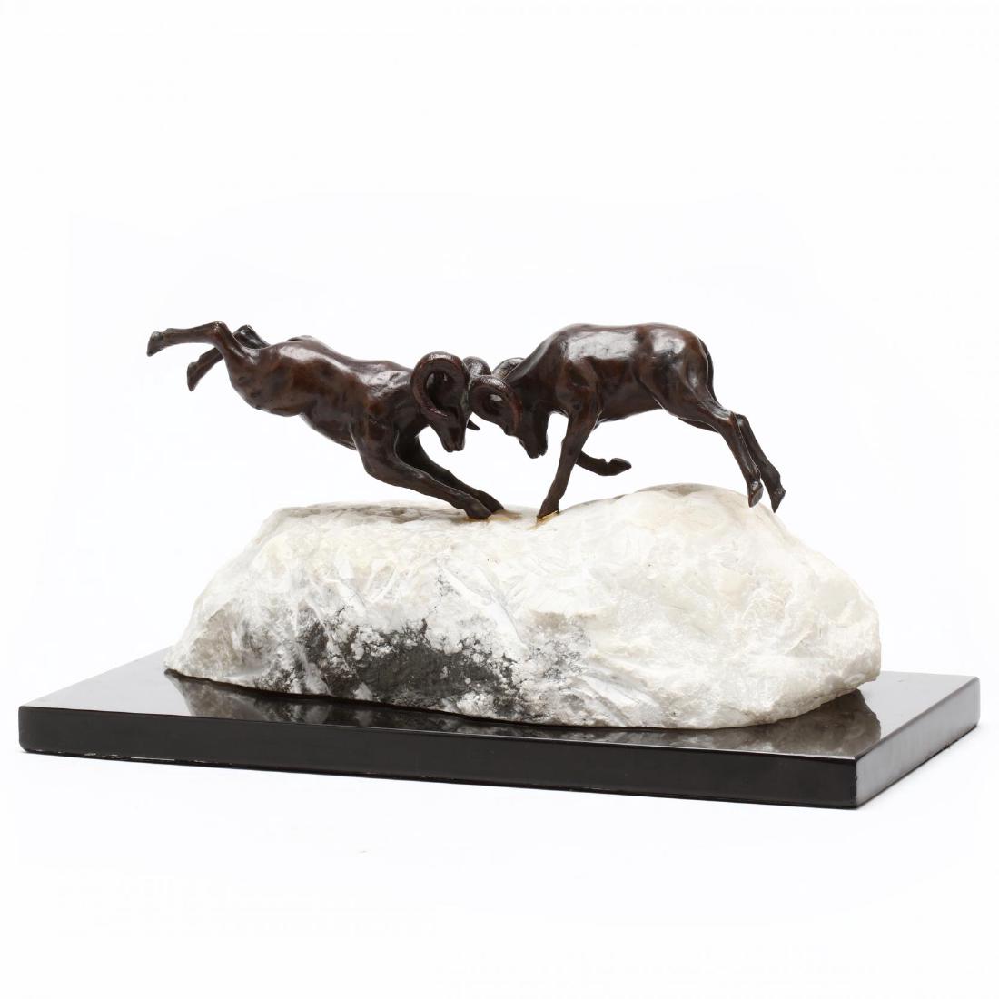 Bronze and Stone Sculpture of Fighting Rams