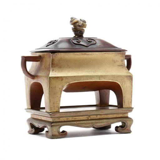 A Chinese Rectangular Bronze Censer With Stand And