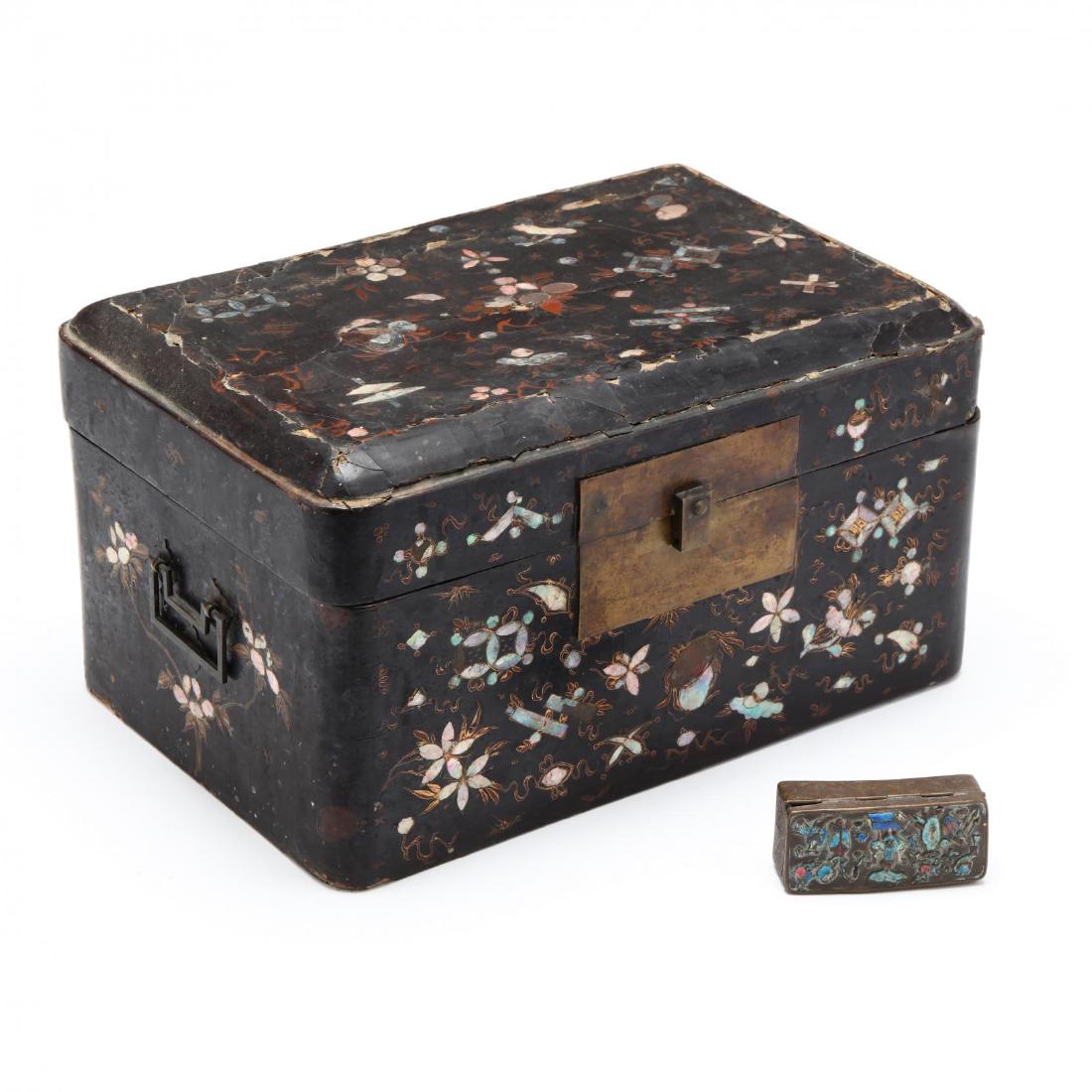 A Chinese Inlaid Large Lacquered Wooden Box and Bronze