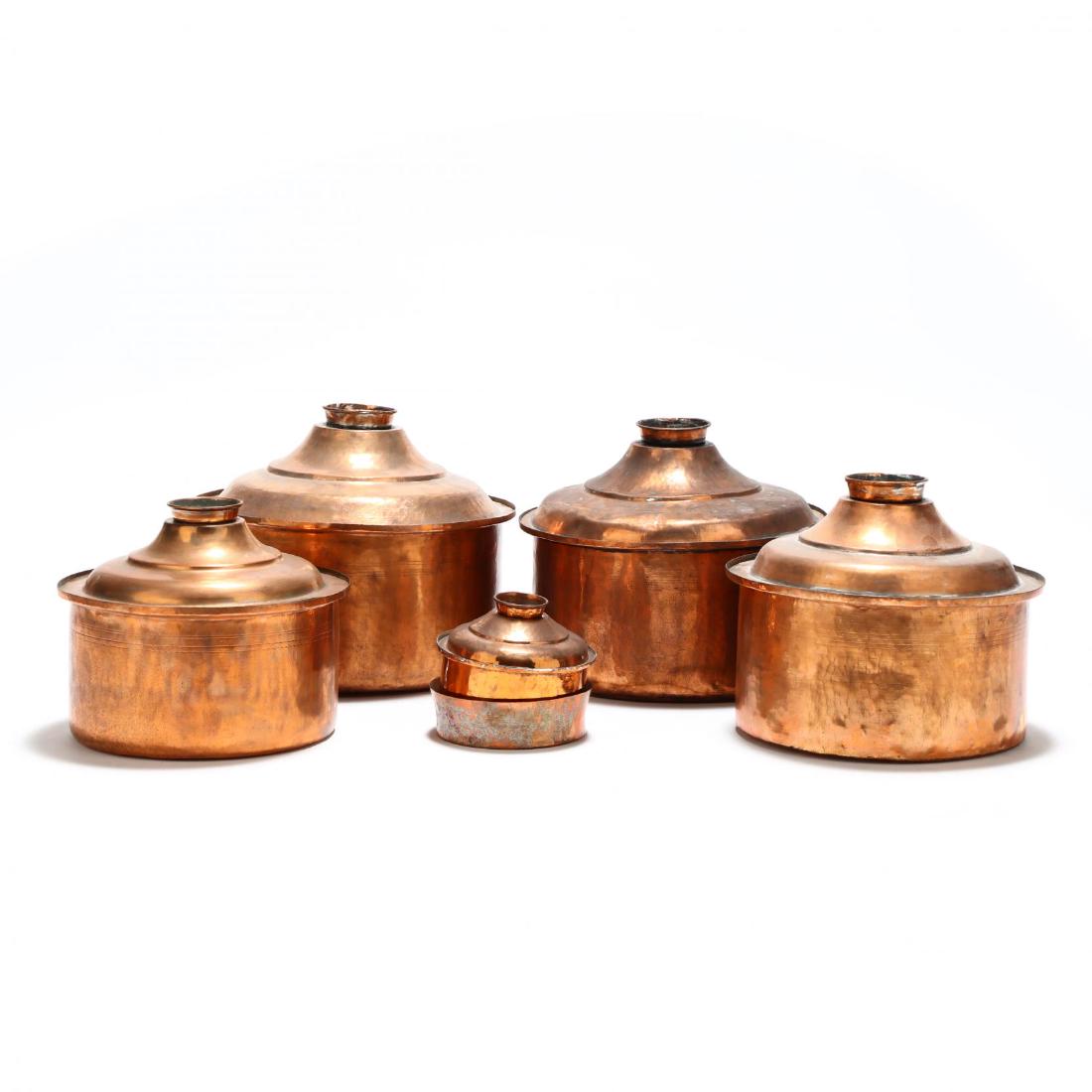 Five Graduated Copper Stock Pots