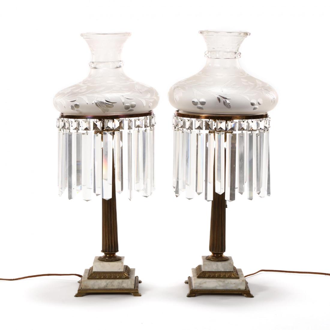 Pair Of Antique Classical Fluid Lamps With Cut Glass