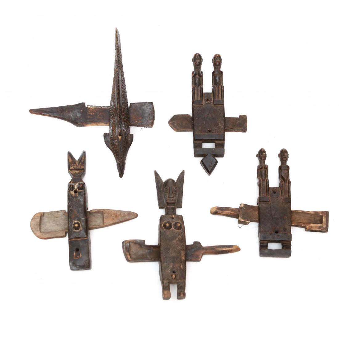 Five African Tribal Carved Wood Granary Door Locks