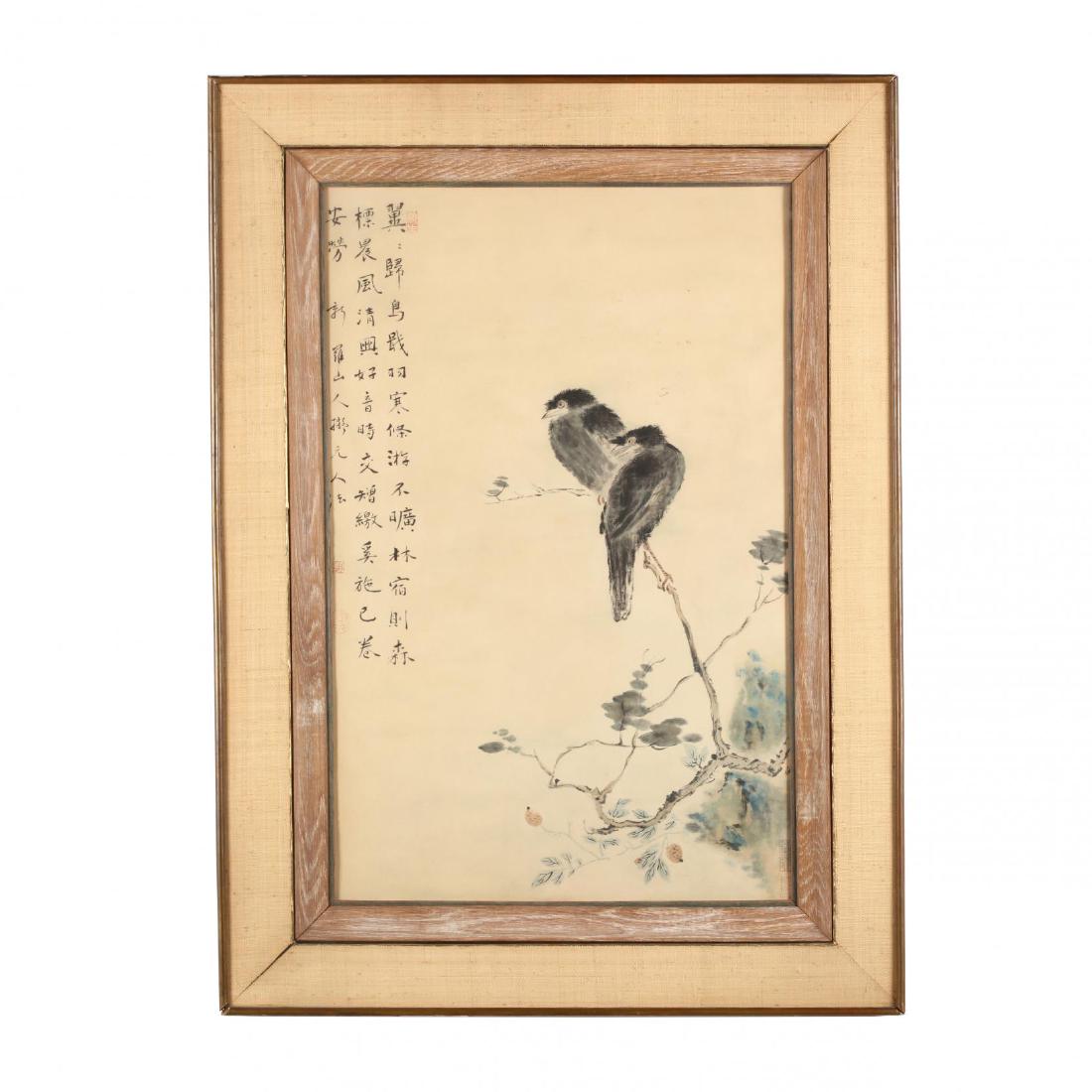 A Chinese Hand Colored Print of Two Black Ravens