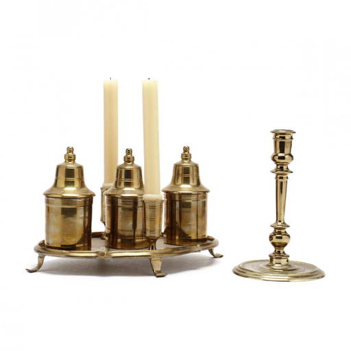 Brass Standish And Candlestick For Colonial