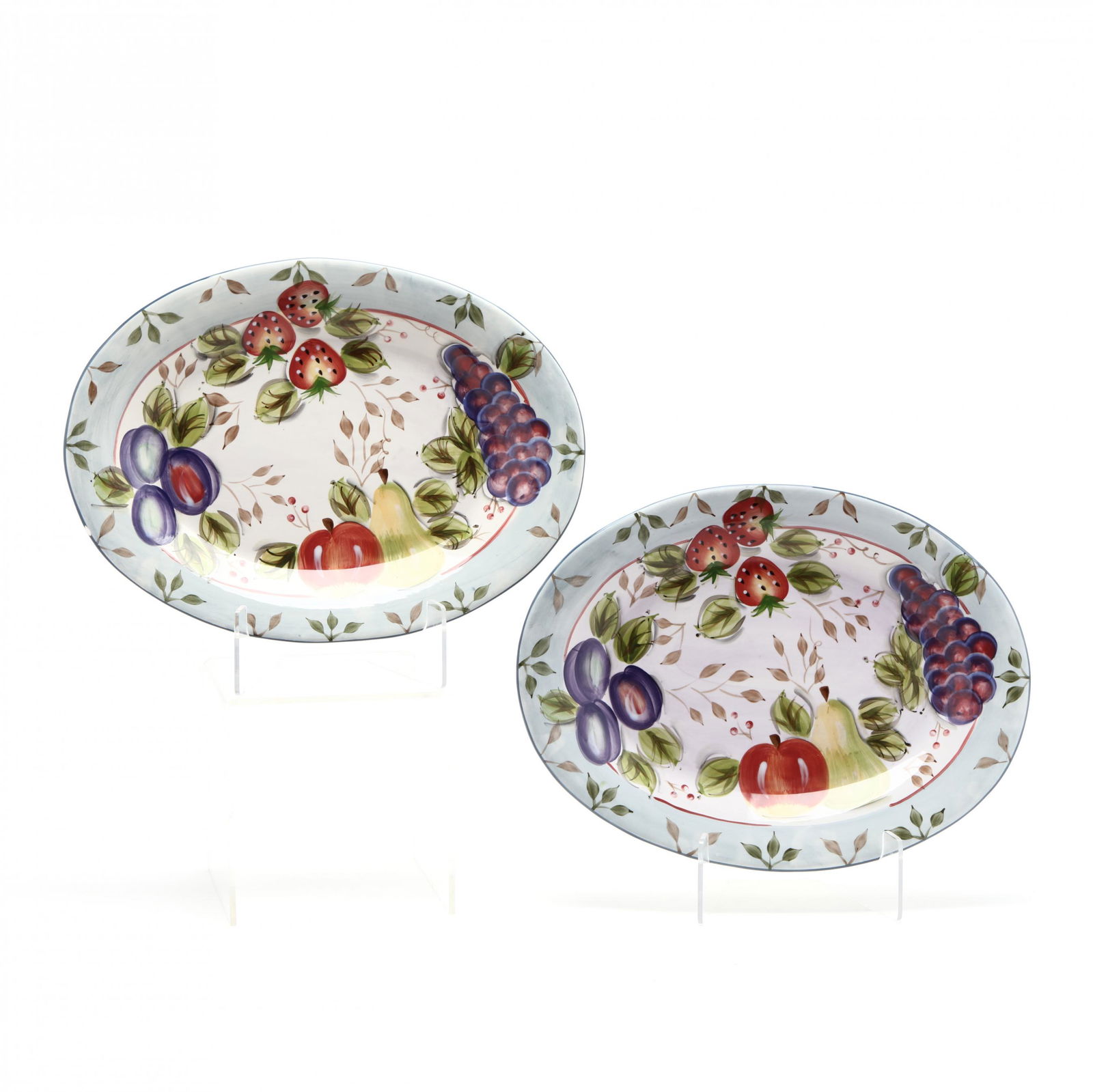Black Forest Fruits, Pair Of Painted Pottery Serving