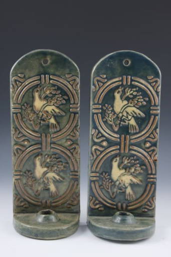 Pair Of Mercer Art Pottery Tile Candle Sconces,