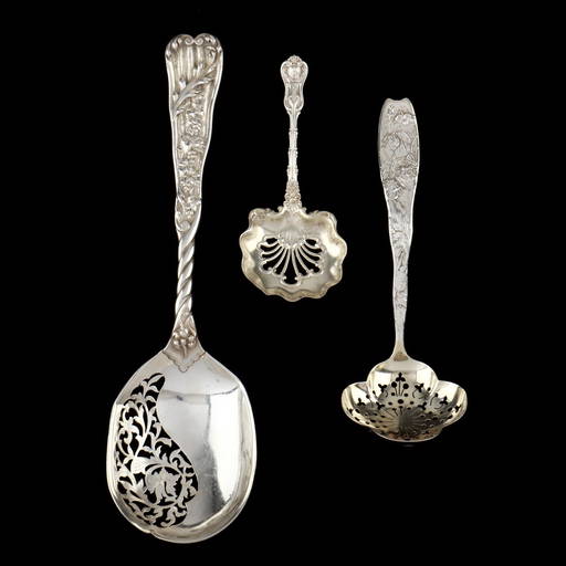 Three Ornate Antique Pierced Sterling Silver Servers