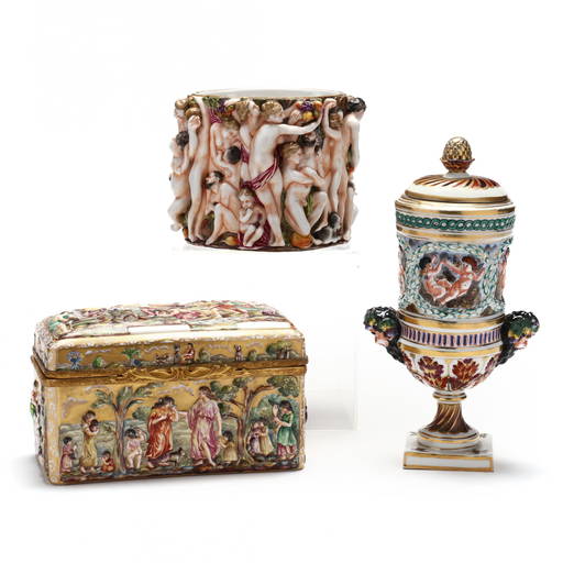 Capodimonte Figural Cachepot, Covered Jar, And Lidded Box