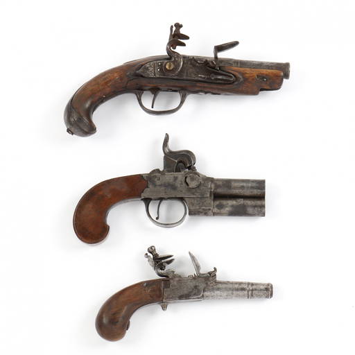Double Barrel Derringer Pistol and Two Flintlock Pocket Pistols (#3291 ...